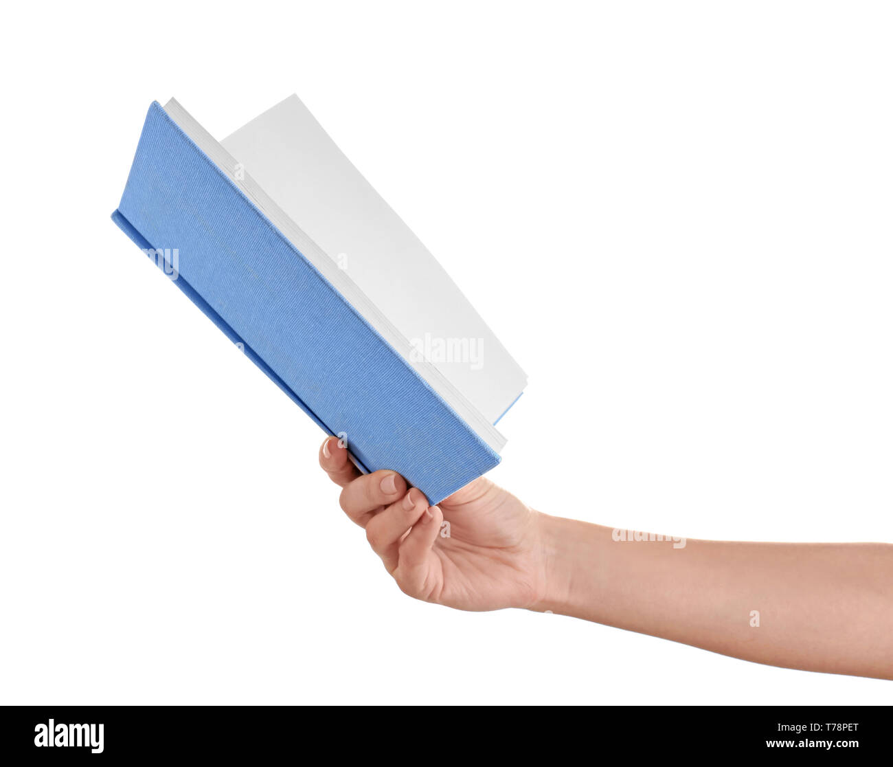 Female hand holding book on white background Stock Photo - Alamy