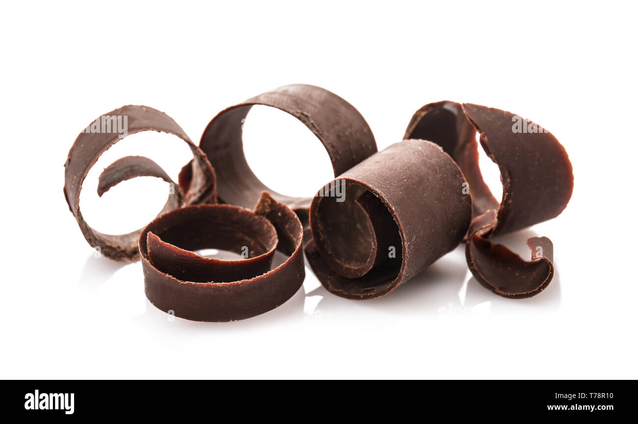 Delicious chocolate curls, isolated on white Stock Photo - Alamy