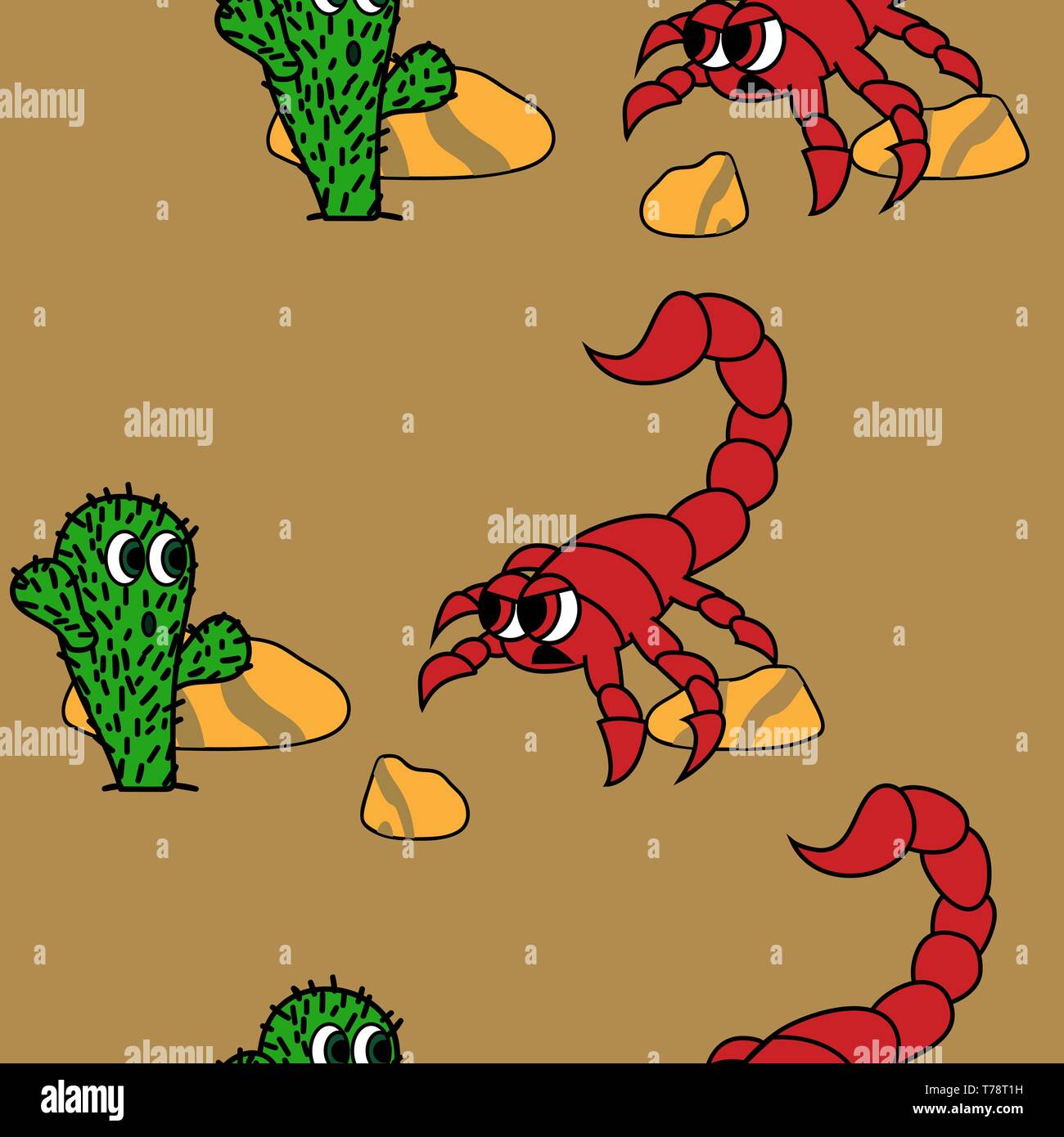 cute cactus and angry scorpion in dessert image. seamless vector ...