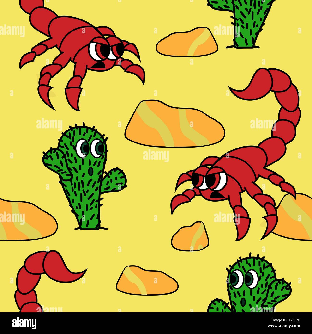 cute cactus and angry scorpion in dessert image. seamless vector ...
