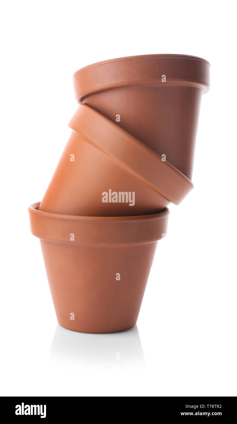 Empty pots for gardening on white background Stock Photo - Alamy