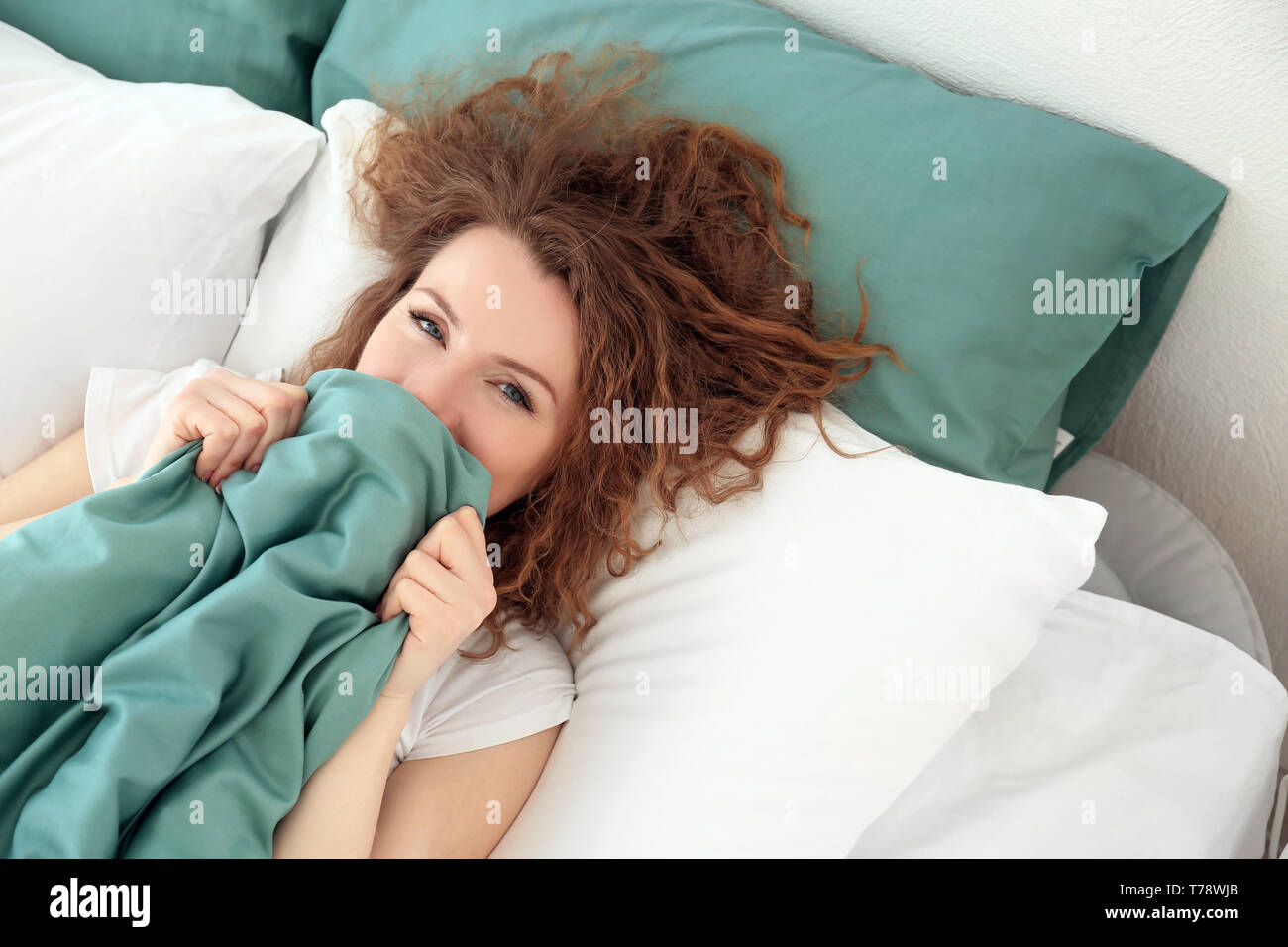 Morning of beautiful woman in bed Stock Photo - Alamy