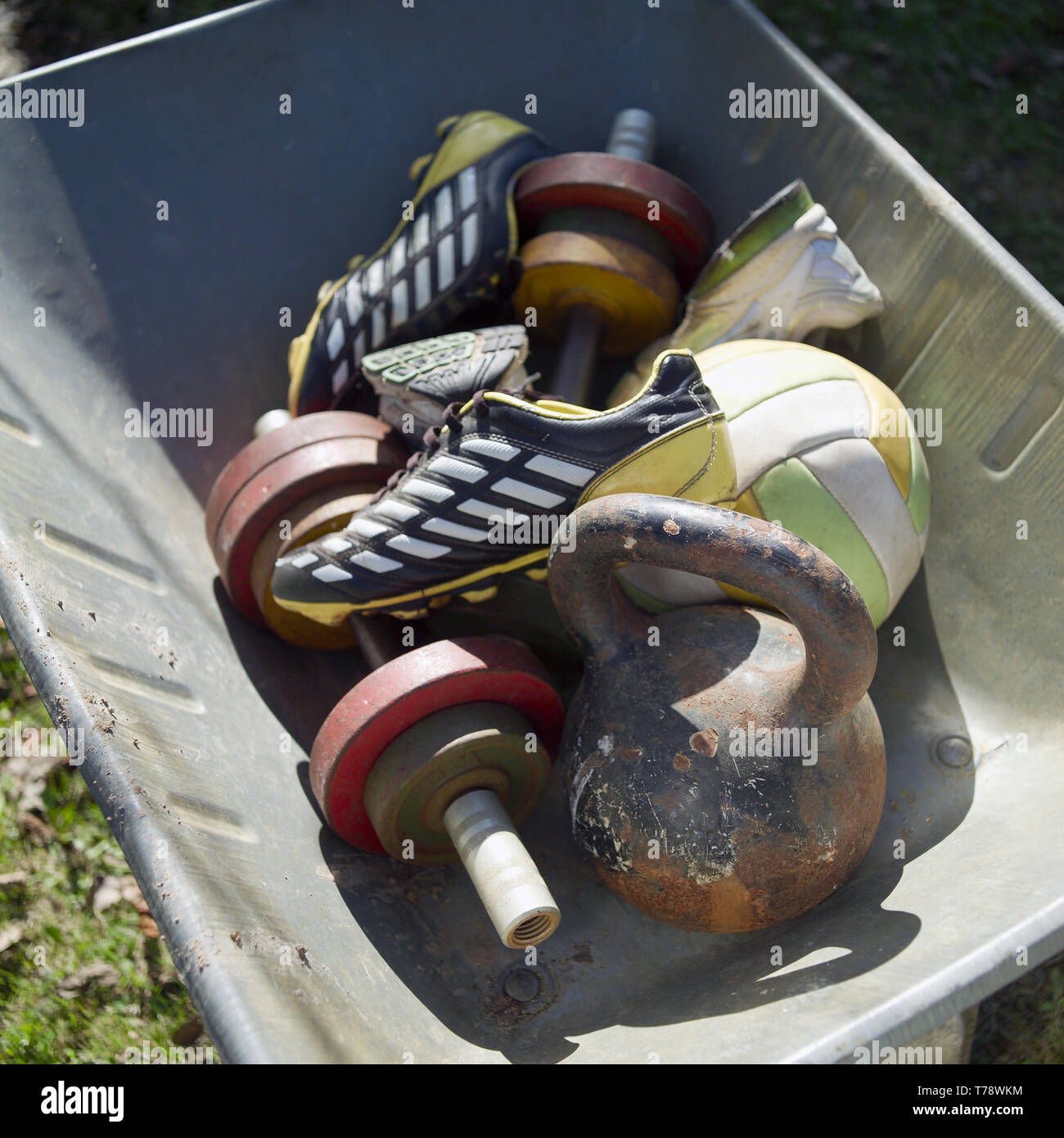 Various sport equipment loaded in a garden trolley, outdoor shot Stock ...