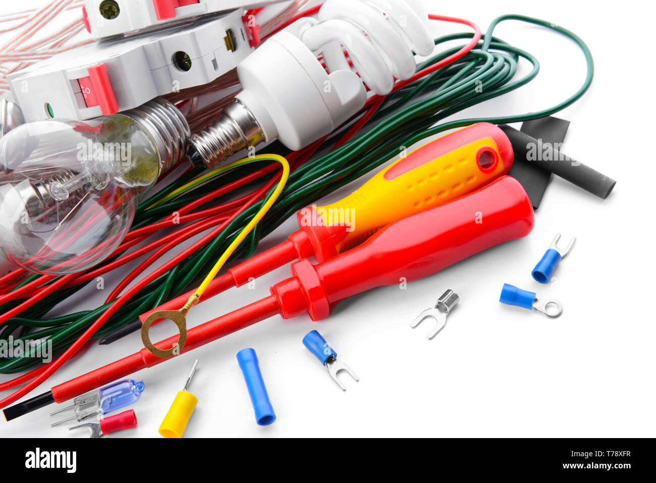 Electrician's supplies on white background Stock Photo - Alamy