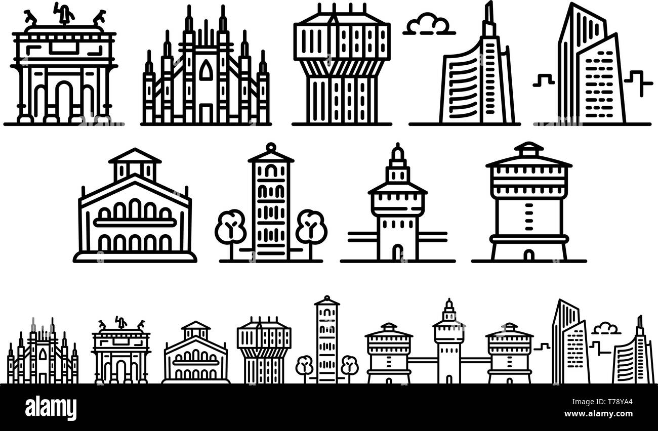 Milan icons set. Outline set of milan vector icons for web design ...