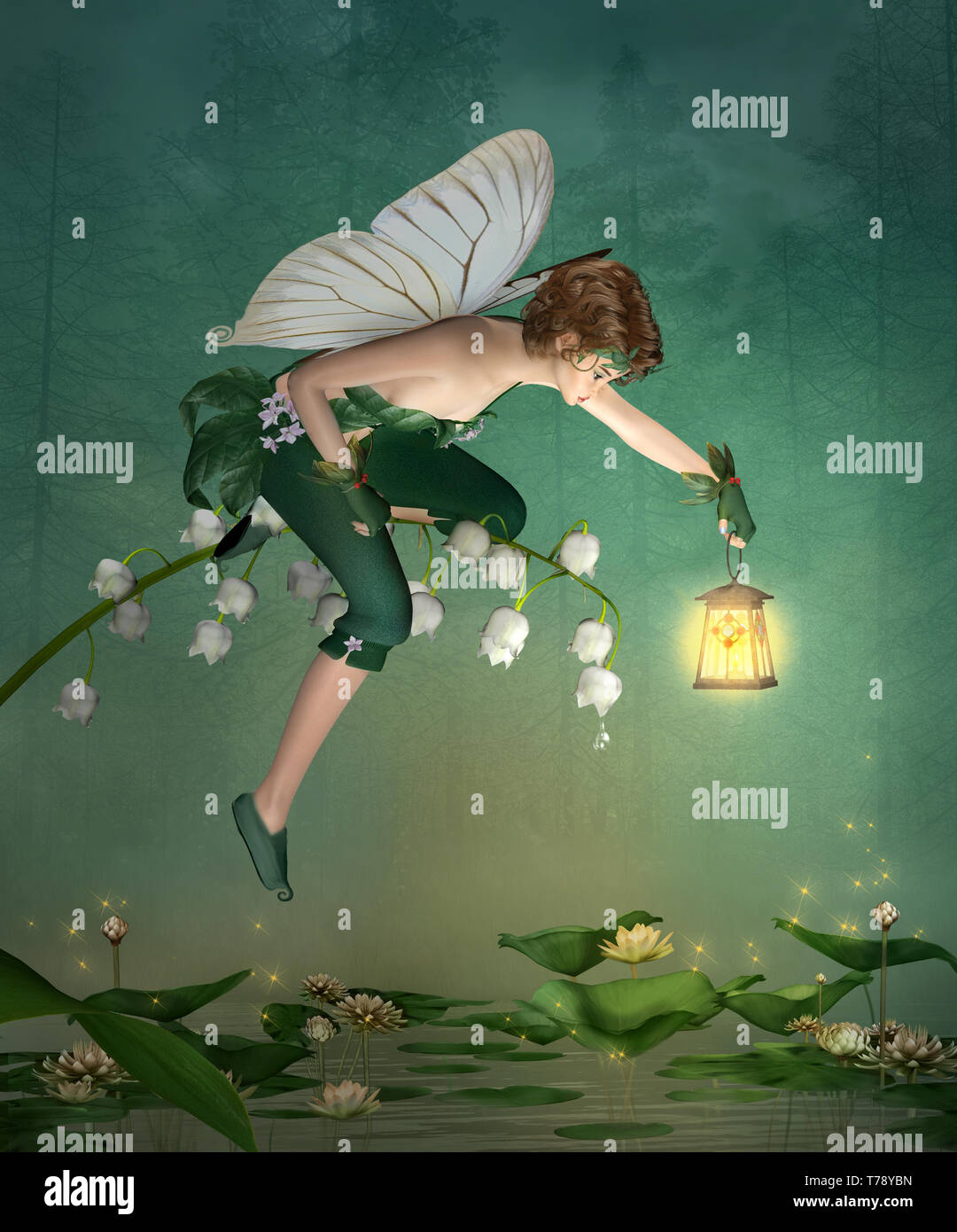 Little elf with lantern on a lily of the valley Stock Photo - Alamy