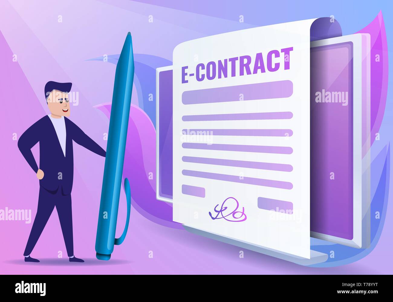 Digital contract concept banner. Cartoon illustration of digital ...