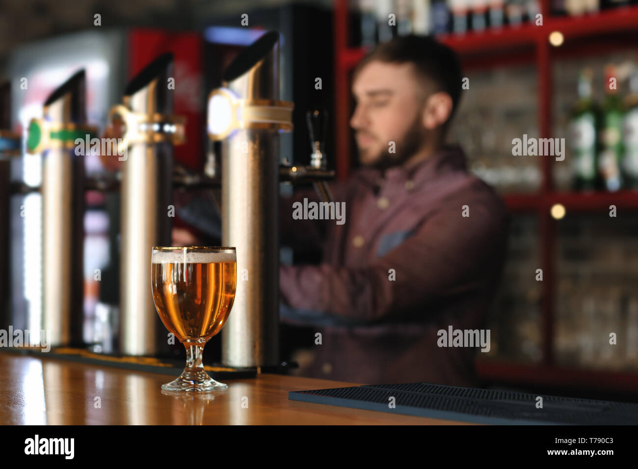 Glass of beer on counter in bar Stock Photo - Alamy
