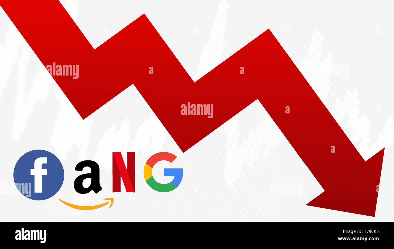 The FANG stocks are going down. A red zig-zag arrow shows downwards ...