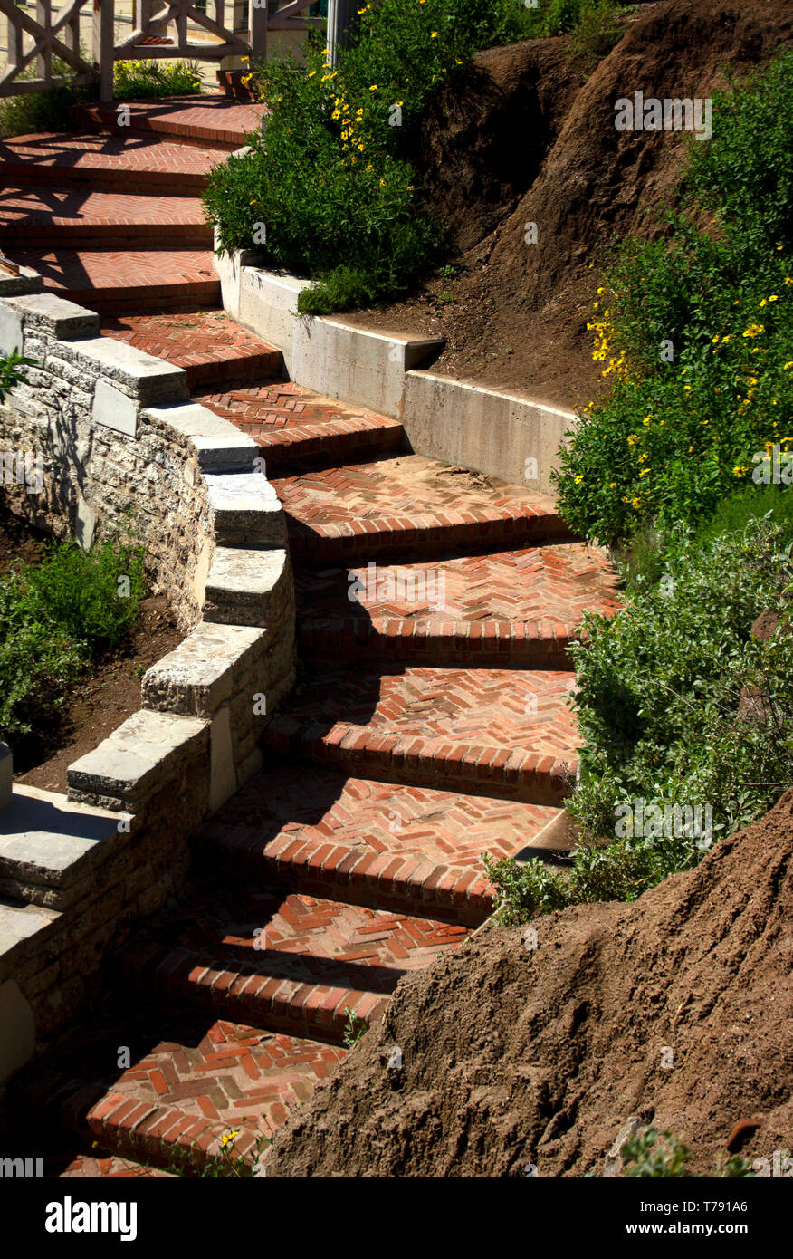 Winding brick stairway with foliage surrounding it Stock Photo - Alamy