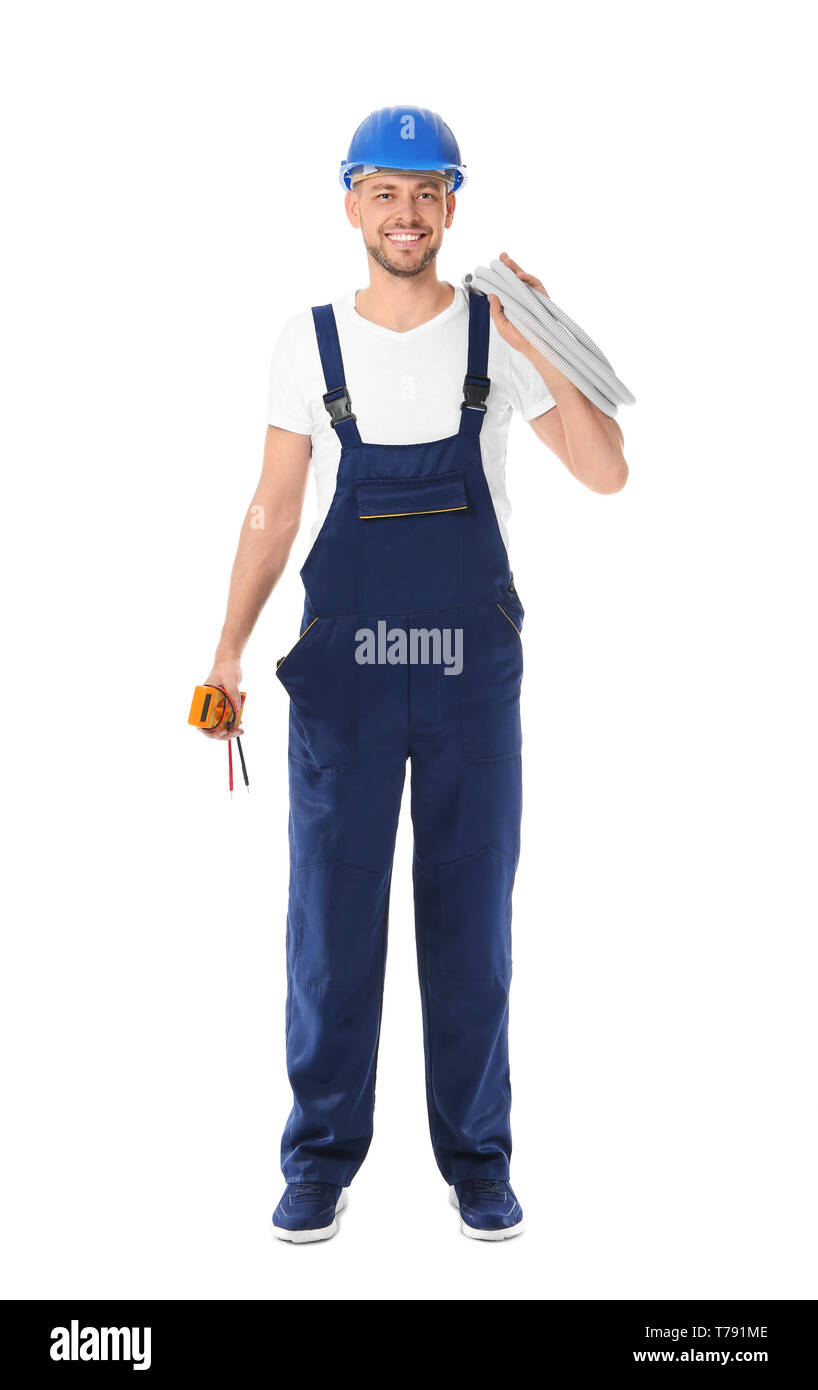 Electrician with wires on white background Stock Photo - Alamy