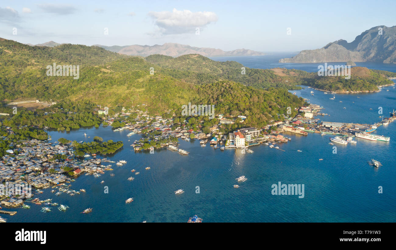 aerial view Coron town with pier and boats on Busuanga island. Seascape ...