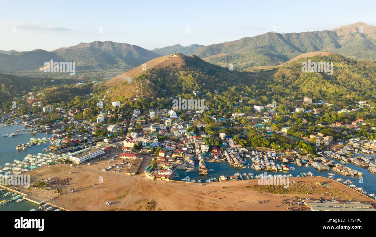 aerial view Coron town with pier and boats on Busuanga island. Seascape ...