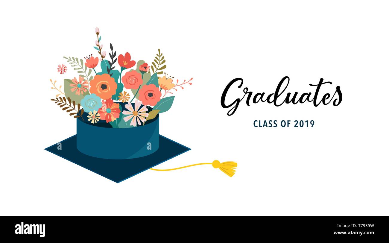 Graduate class of 2019. Caps and flowers on a white background. Vector ...