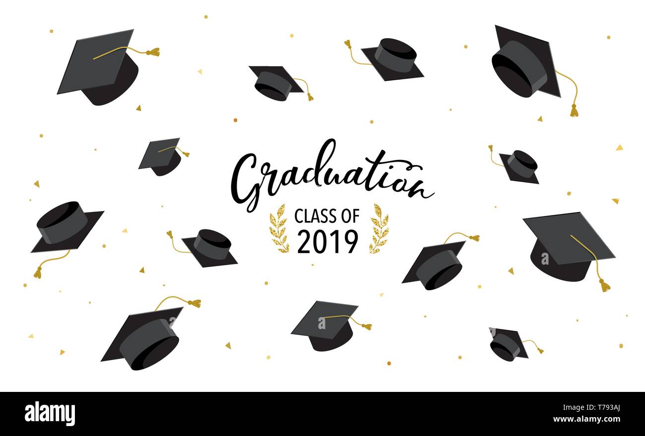 Graduate class of 2019. Caps and confetti on a white background. Hats ...