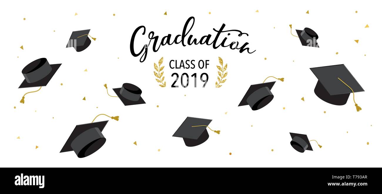 Graduate class of 2019. Caps and confetti on a white background. Hats ...