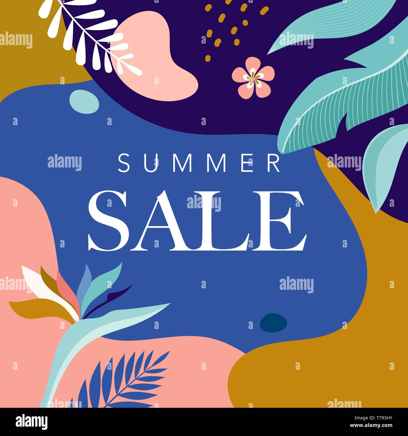 Summer Sale poster with tropic leaves and flamingo, banner and ...
