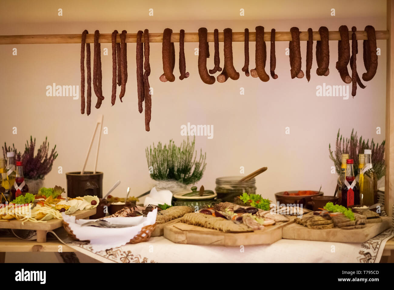 Reception buffet tables with regional food from Poland. Luxury concept ...