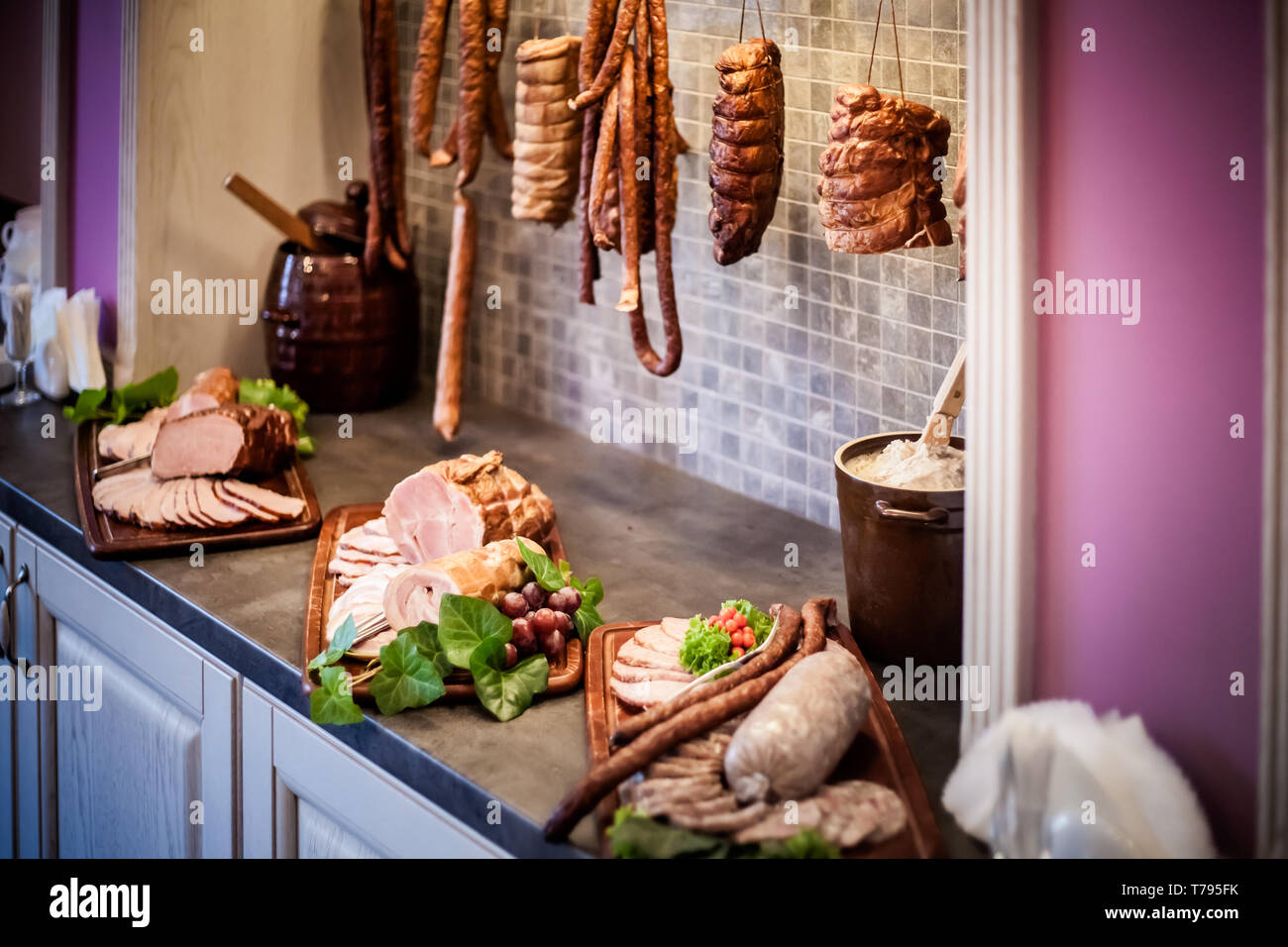 Reception buffet tables with regional food from Poland. Luxury concept ...