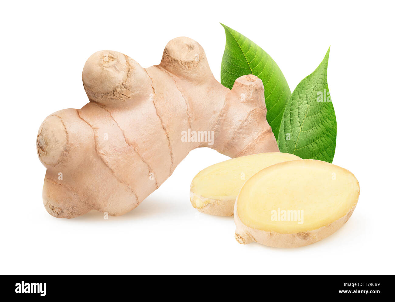 Isolated ginger. Piece of raw ginger root and leaves isolated on white ...