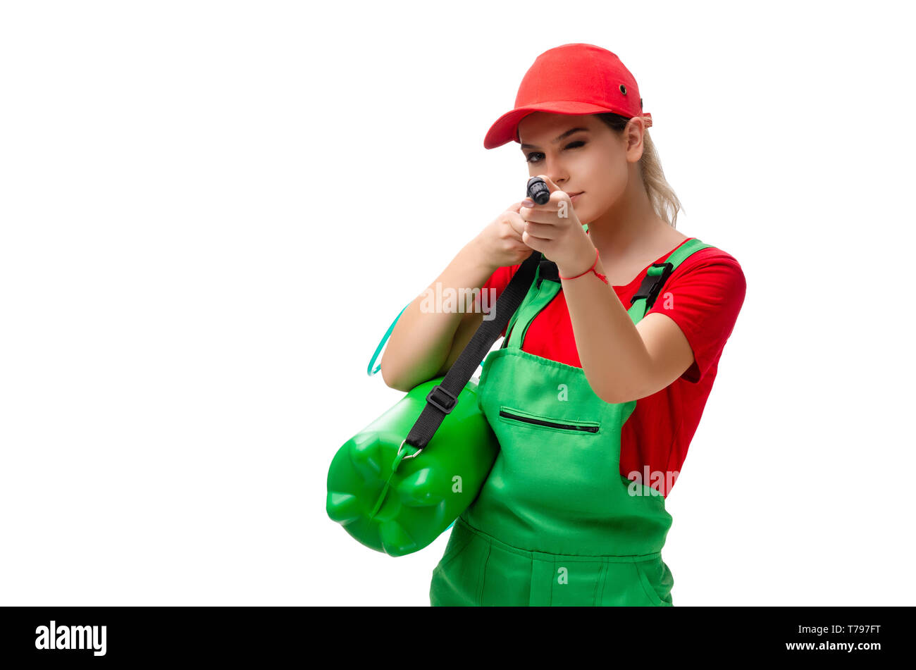 Female pest control contractor isolated on white Stock Photo - Alamy