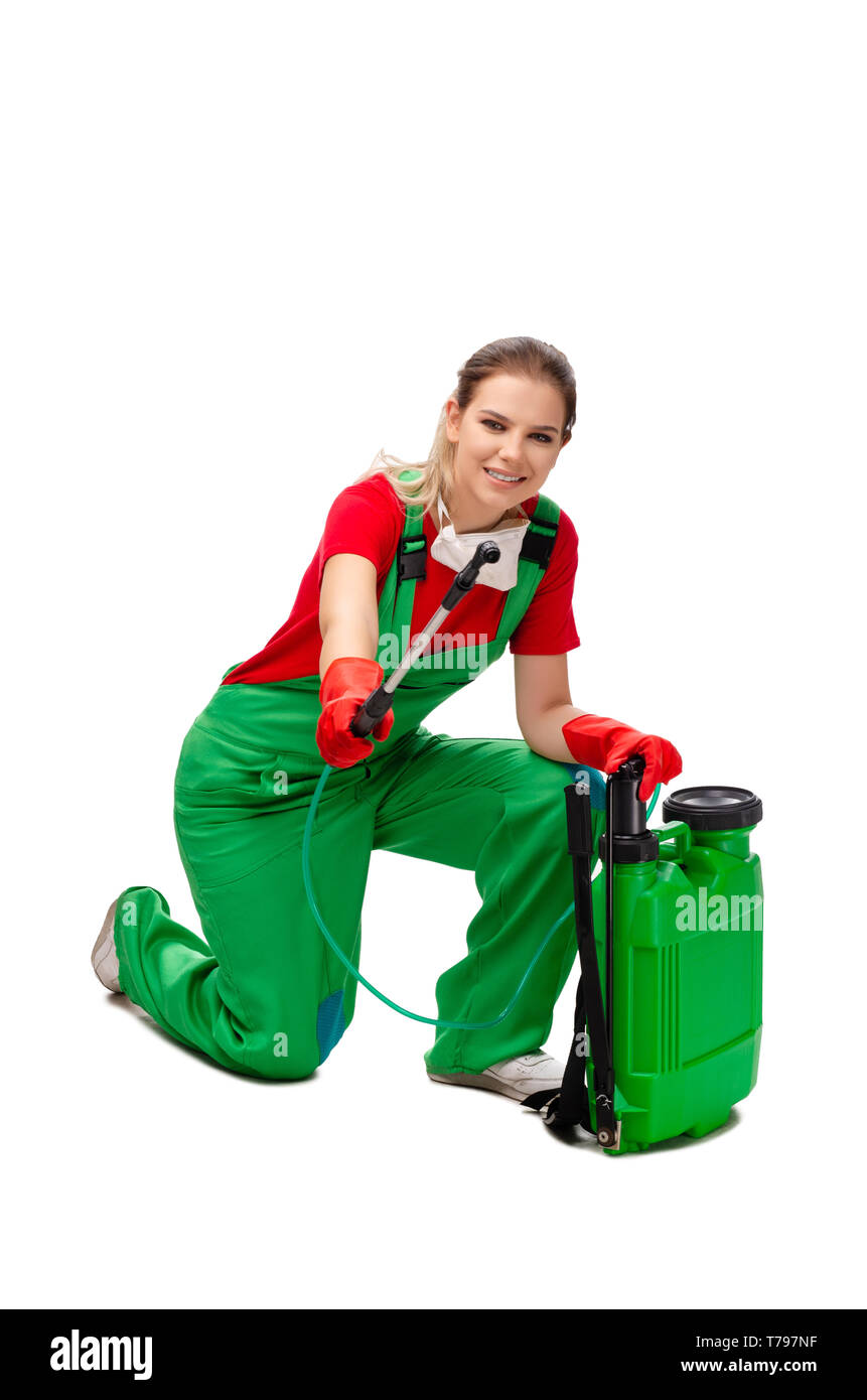 Female pest control contractor isolated on white Stock Photo - Alamy