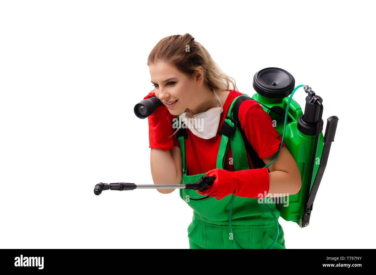 Female pest control contractor isolated on white Stock Photo - Alamy