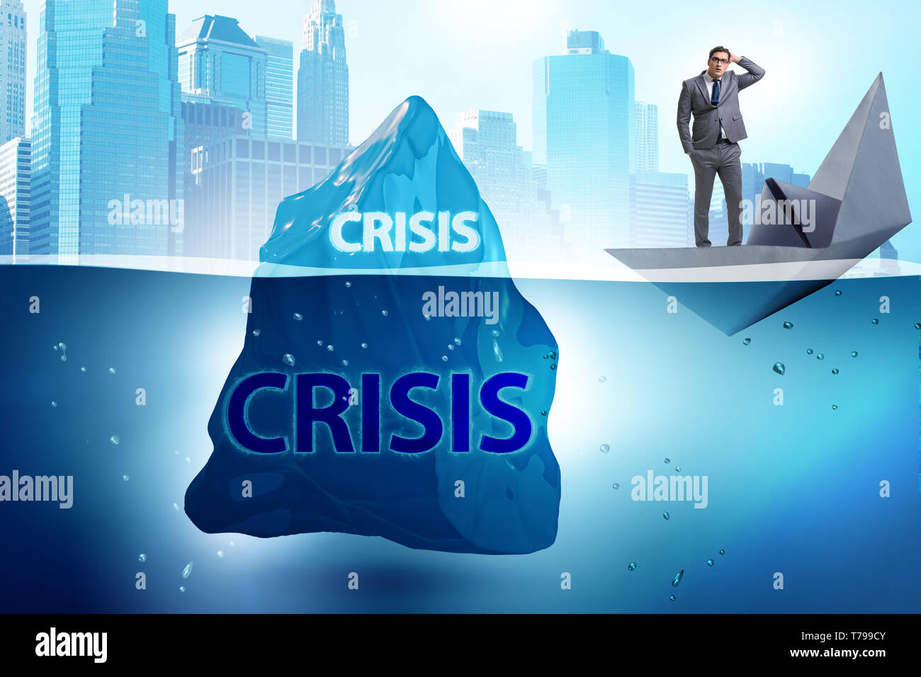 Crisis concept with businessman on iceberg Stock Photo - Alamy