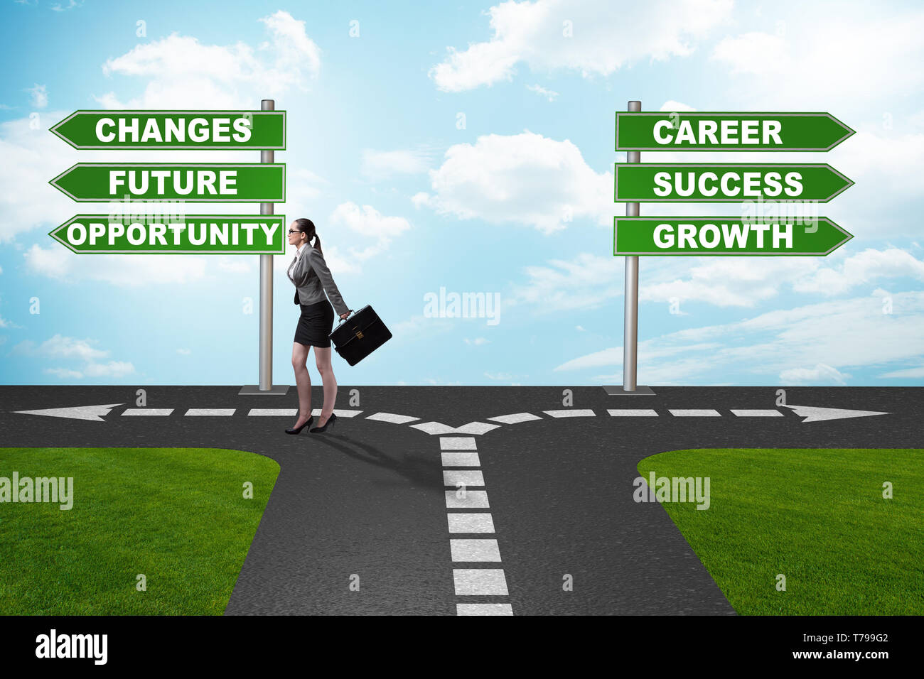 Businesswoman having hard choice standing at crossroads Stock Photo - Alamy