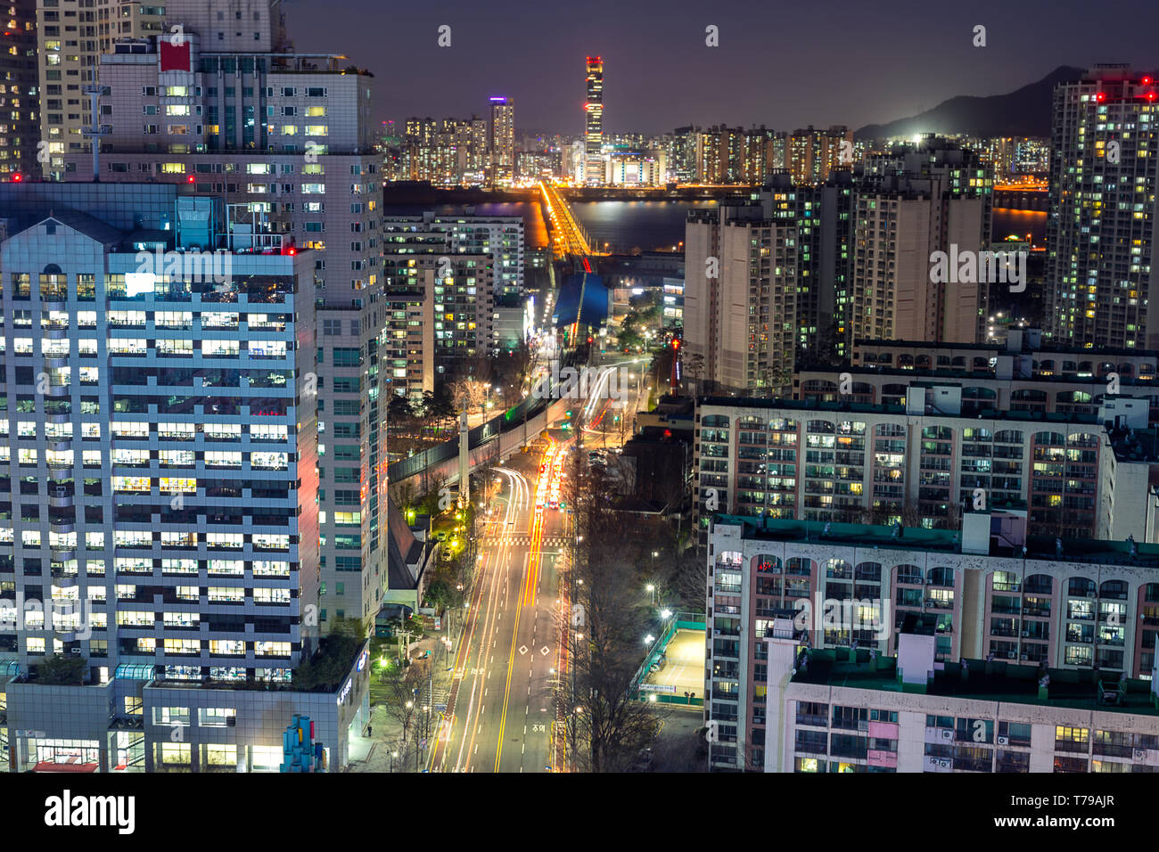 Night view of Jamsil district buildings and traffic speed lights in ...