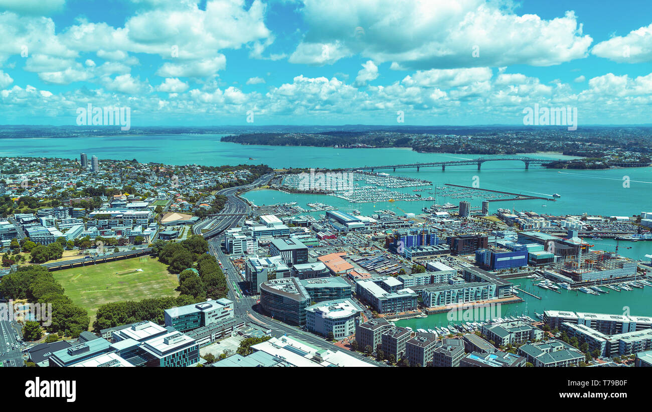 Auckland bridge and harbour view from observation deck on a sunny day ...