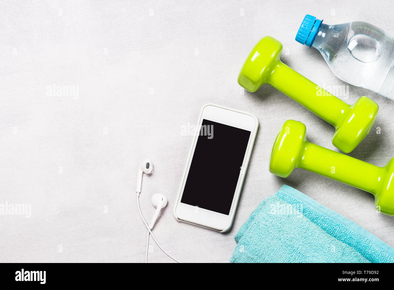 Finness background with sport equipment top view Stock Photo - Alamy