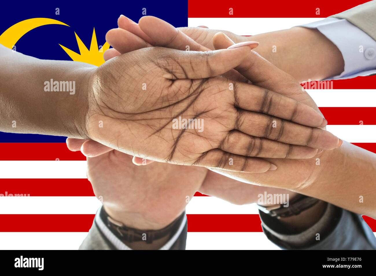 Flag of Malaysia, intergration of a multicultural group of young people ...
