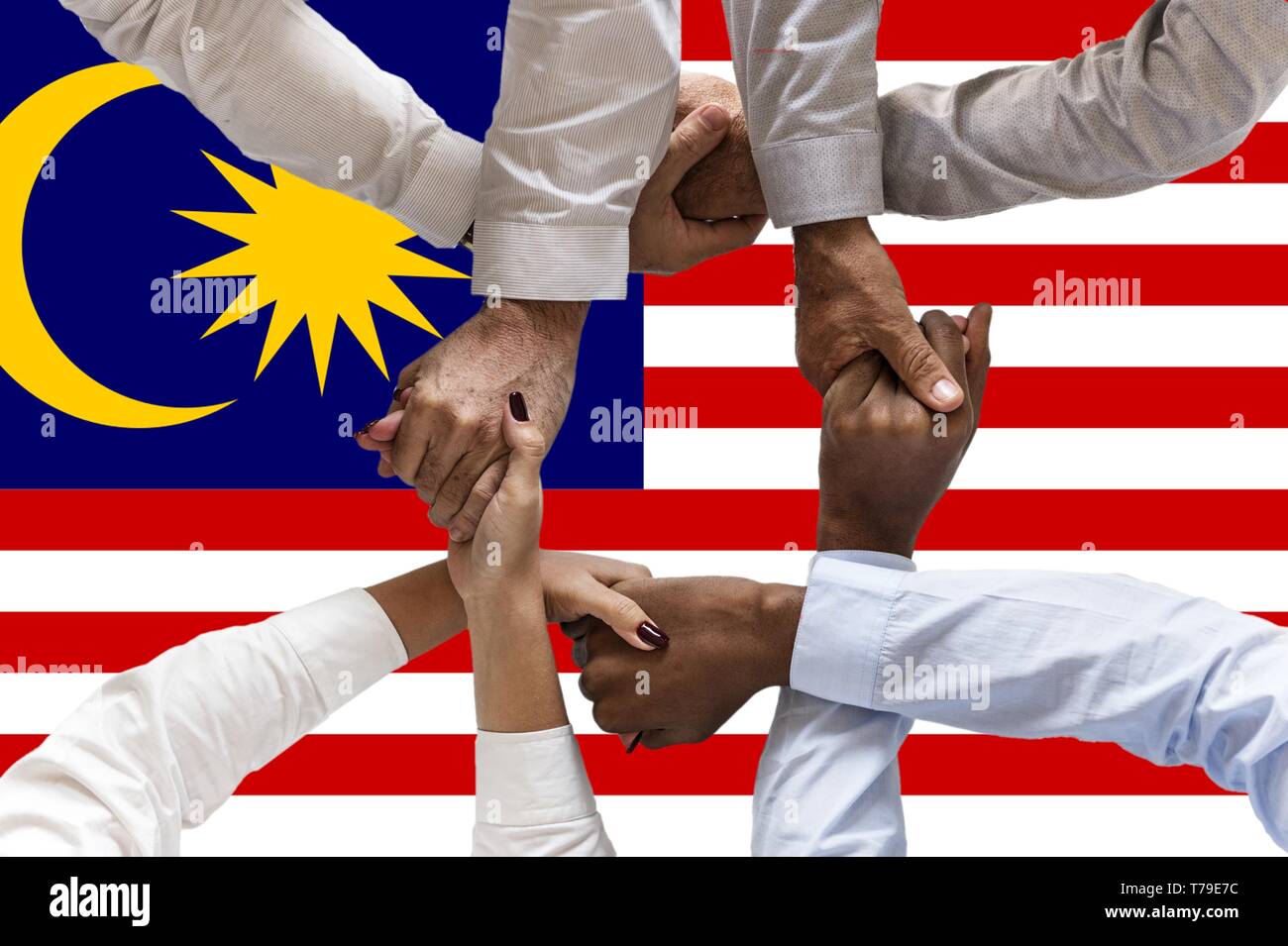 Flag of Malaysia, intergration of a multicultural group of young people ...
