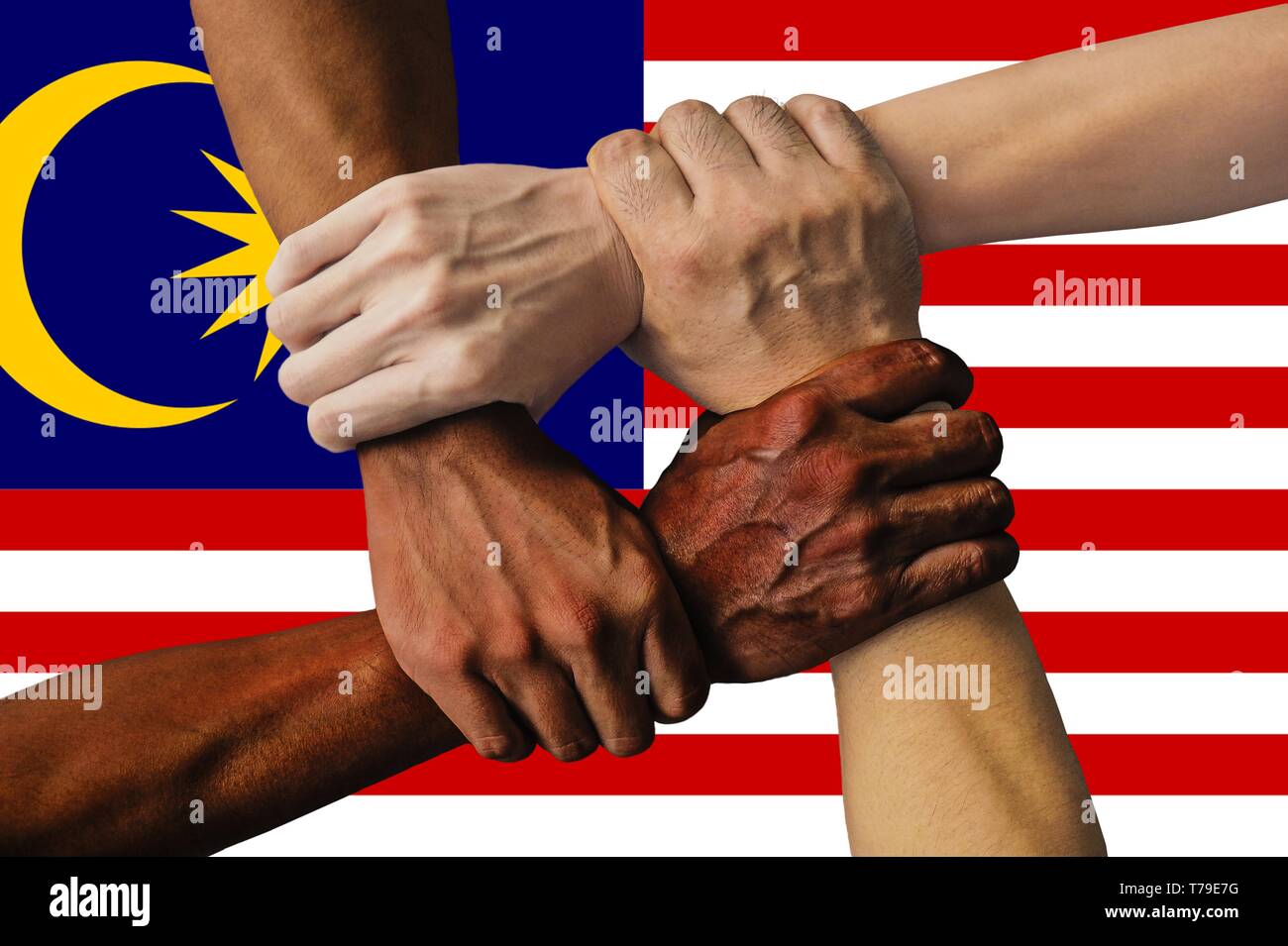 Flag of Malaysia, intergration of a multicultural group of young people ...