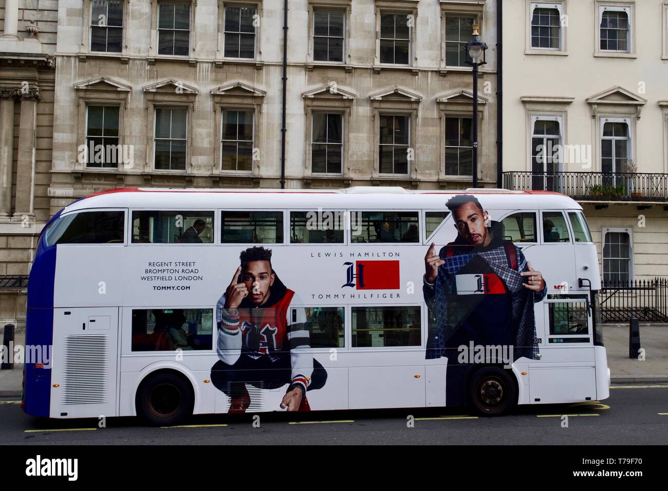 Lewis Hamilton image promoting Tommy on bus, London, England Stock ...