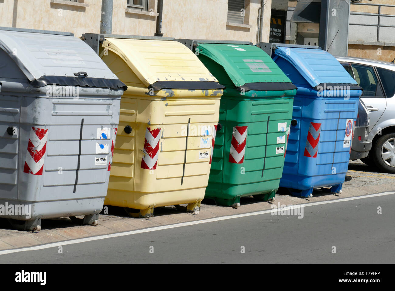 Colorful recycling tubes, garbage cans, garbage cans, spain Stock Photo ...