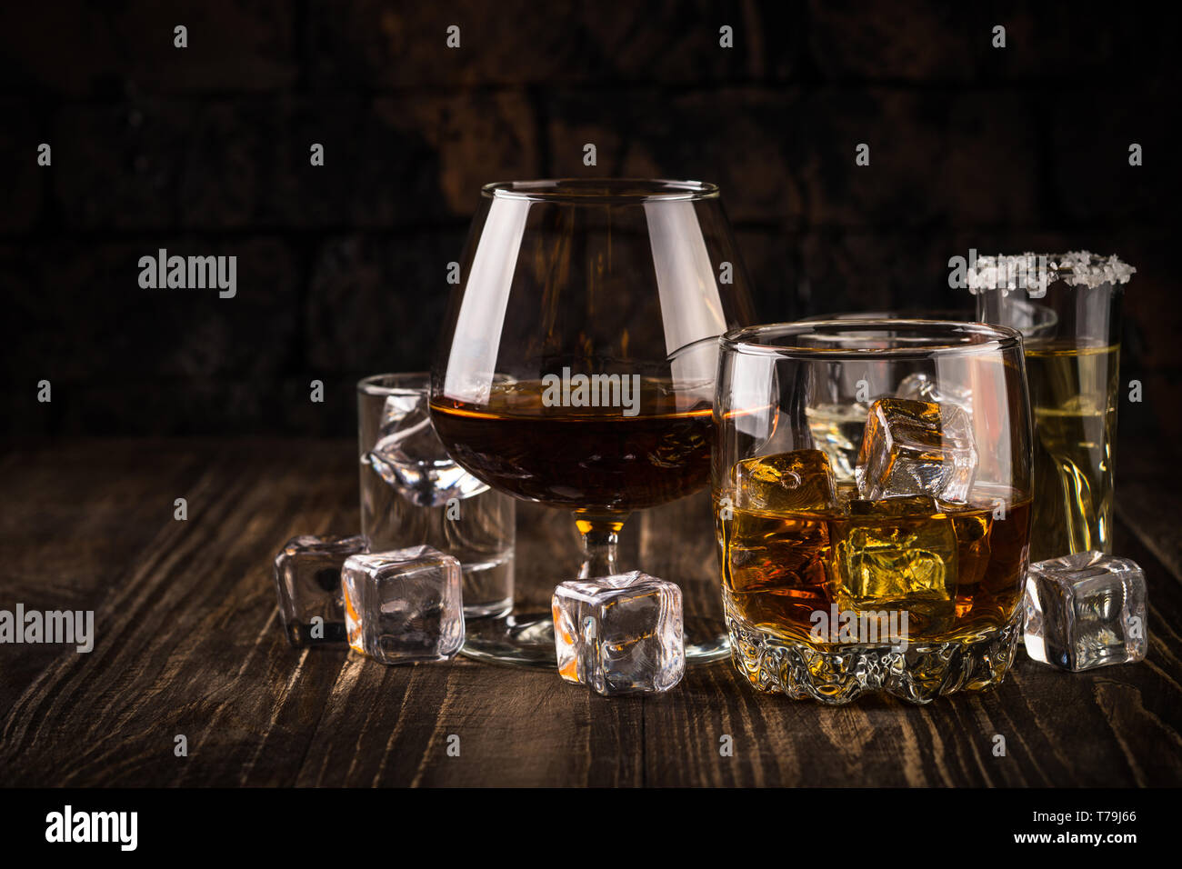 Strong alcohol drinks - whiskey, cognac, vodka, rum, tequila Stock ...