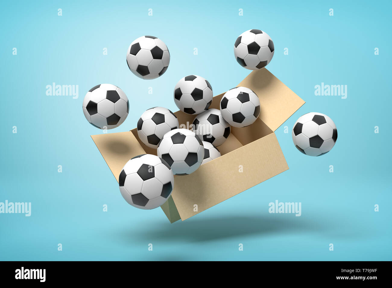 3d rendering of cardboard box full of footballs in mid-air on light ...