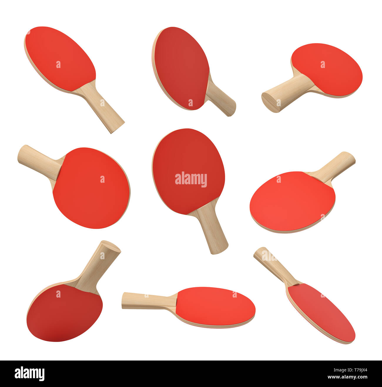 3d rendering of set of ping pong rackets with wooden handle and red ...