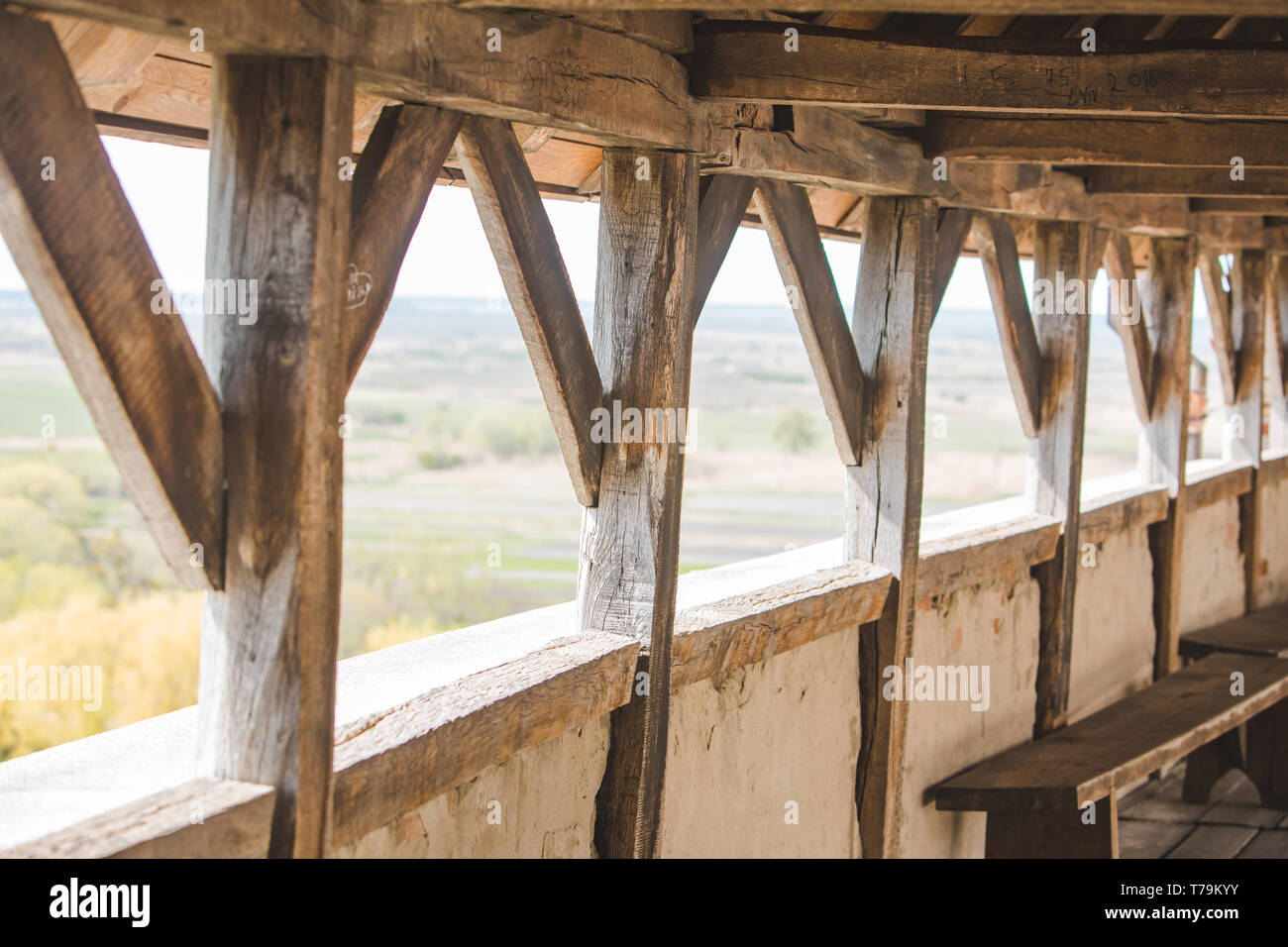 view of old wooden castle balcony. interior Stock Photo - Alamy