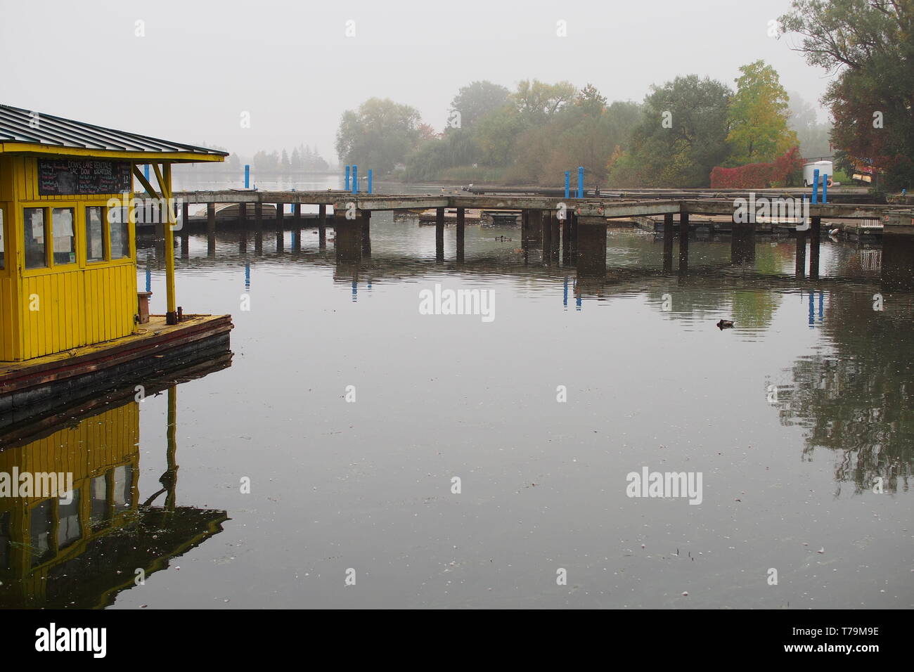 Floating yellow canoe rental kiosk at Dow's Lake on a misty Fall day ...