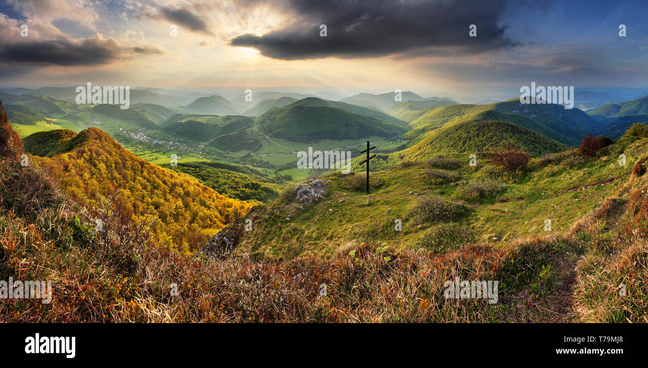 Green Spring Slovakia mountain nature landscape with sun and cross ...