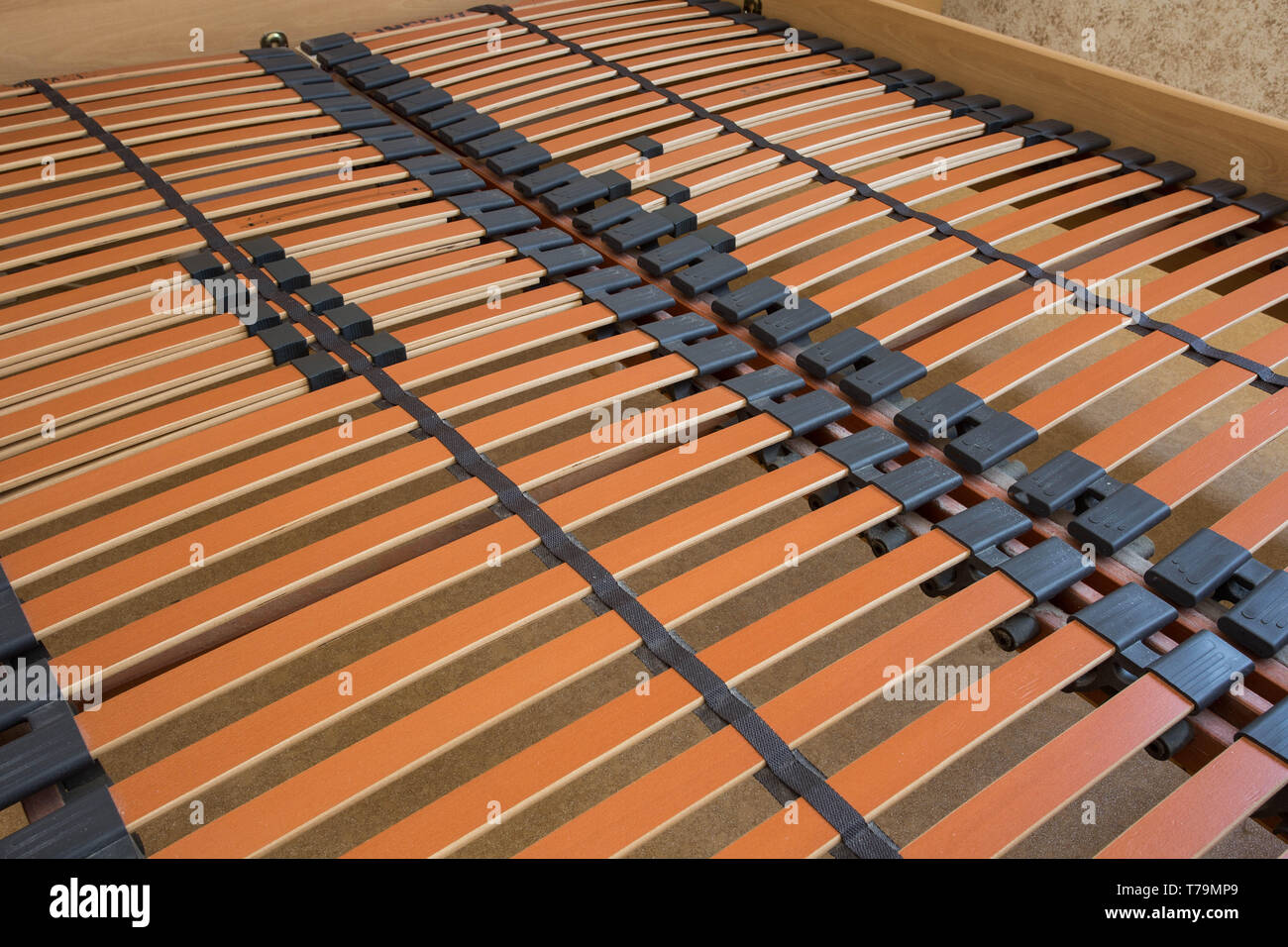 wooden elements double bed slatted base, bed frame close-up Stock Photo ...
