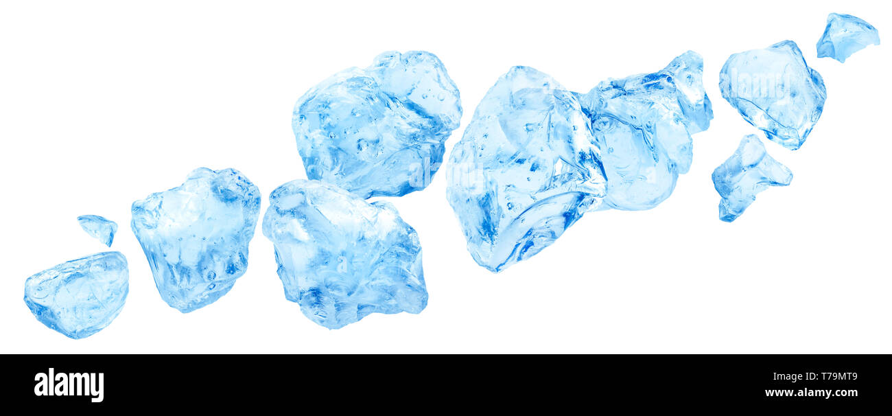 Flying chunks of ice isolated on white background, falling pieces of ...
