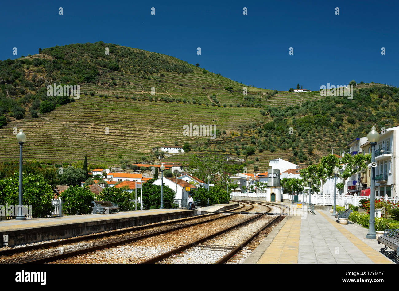 town scene, Train Station, buildings, hillside vineyard, train tracks ...