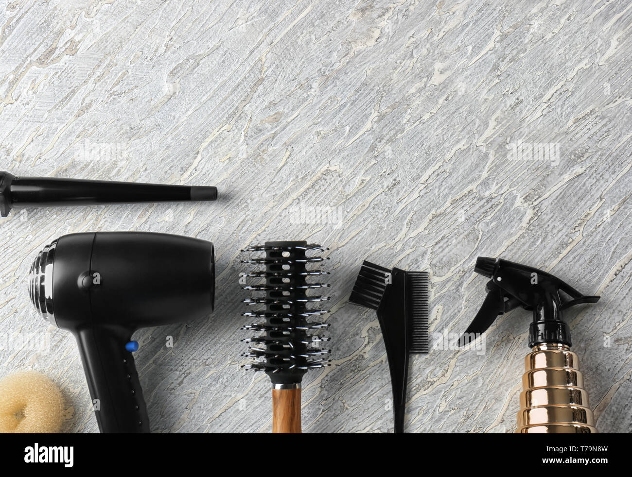 Professional hairdresser's supplies on textured background Stock Photo ...