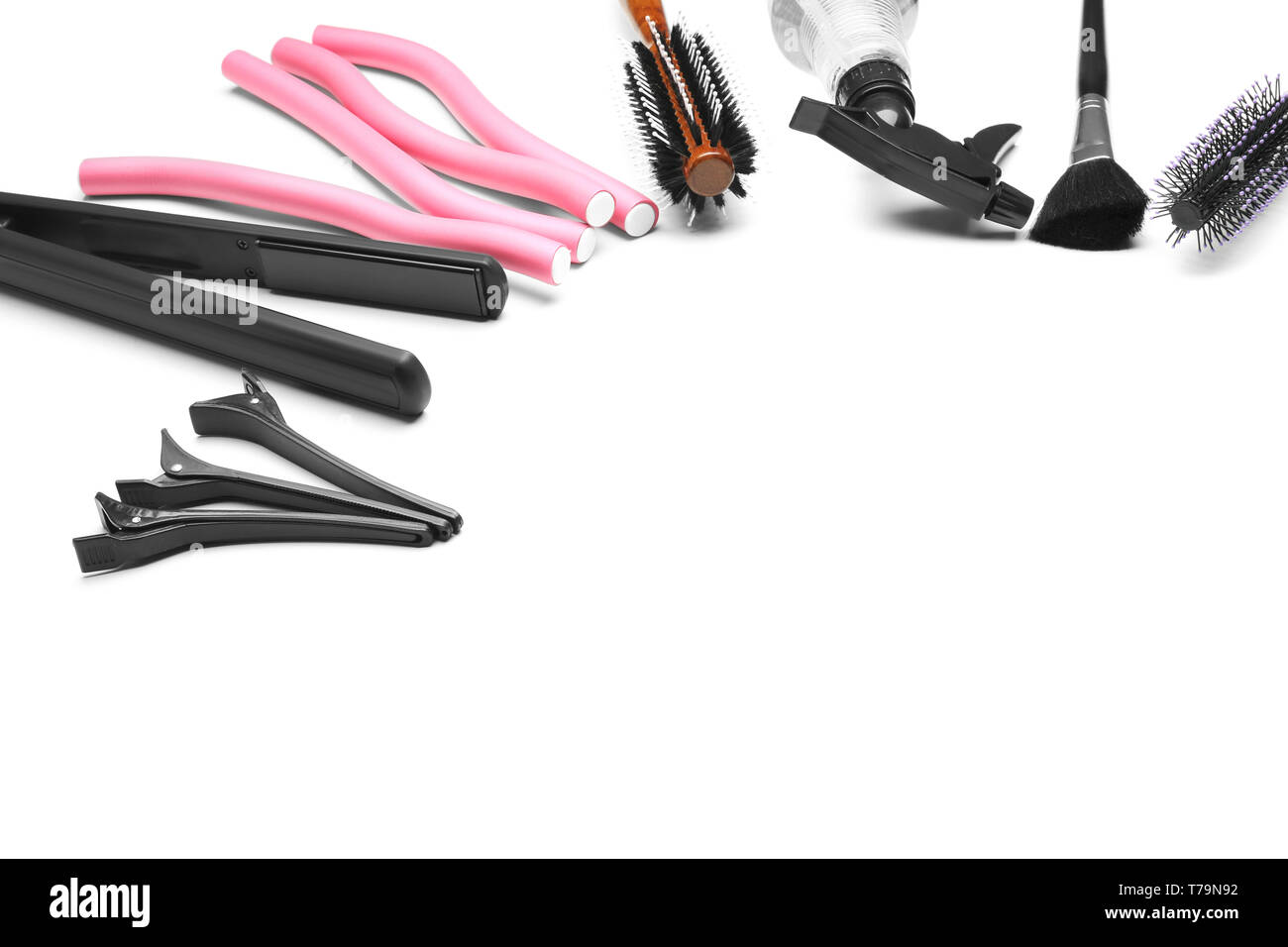 Professional hairdresser's supplies on white background Stock Photo - Alamy