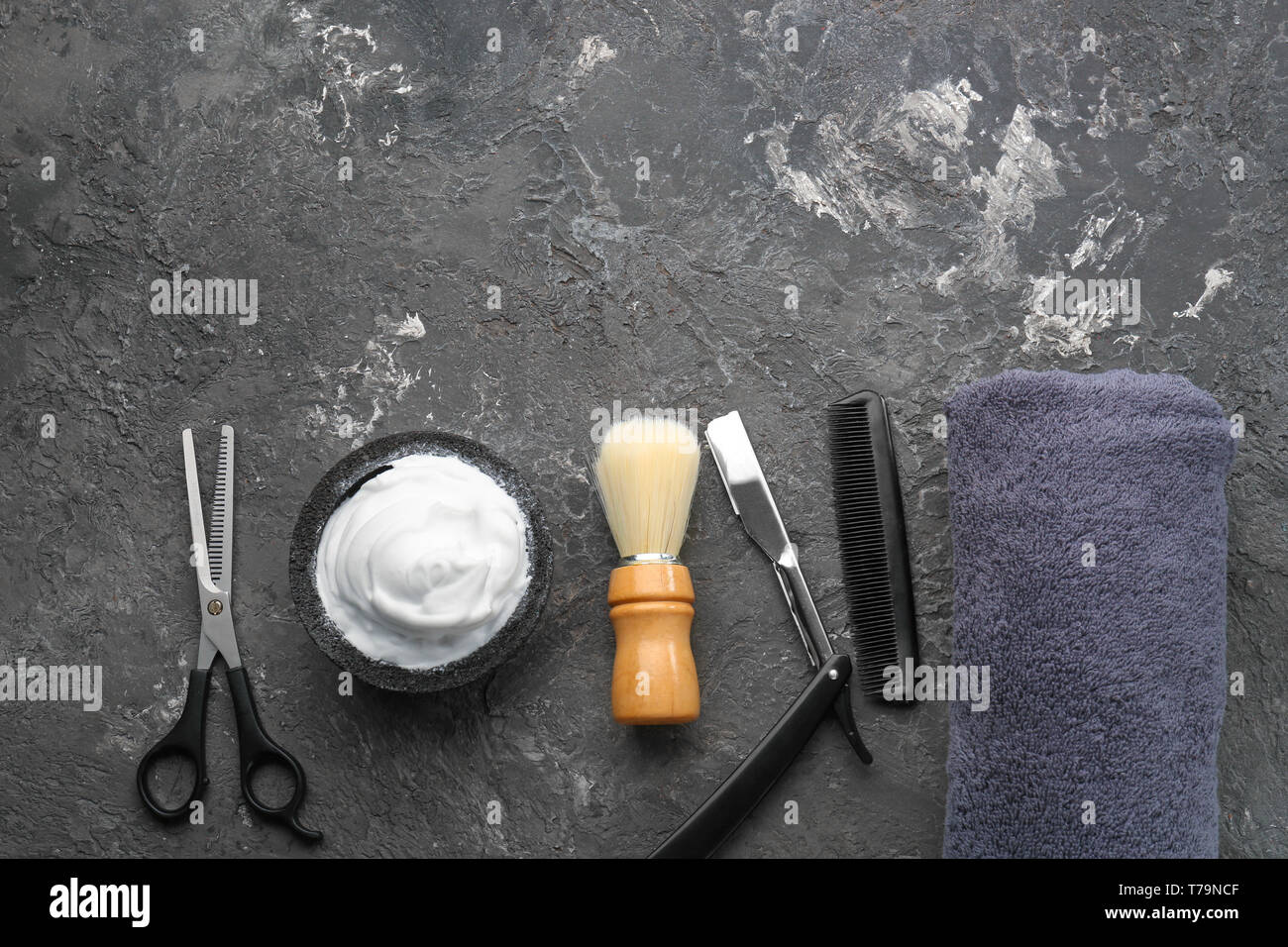 Set for shaving on textured background Stock Photo - Alamy