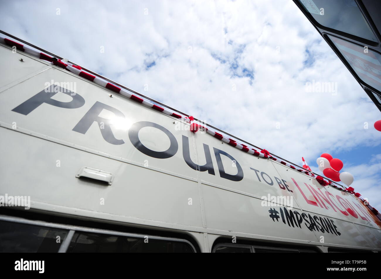 A general view of a parade bus before the victory parade through ...